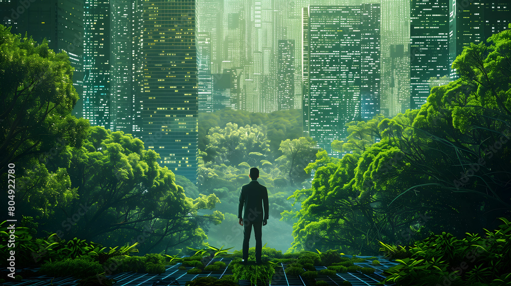 The back view of a businessman standing and looking at the green city ...
