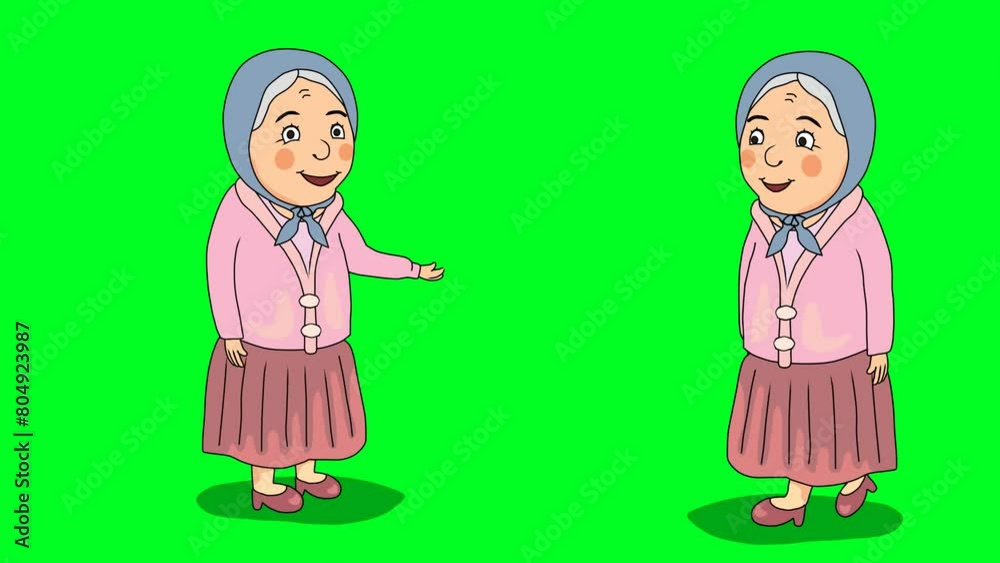 2D animated old woman character walking cycle who enters in green ...