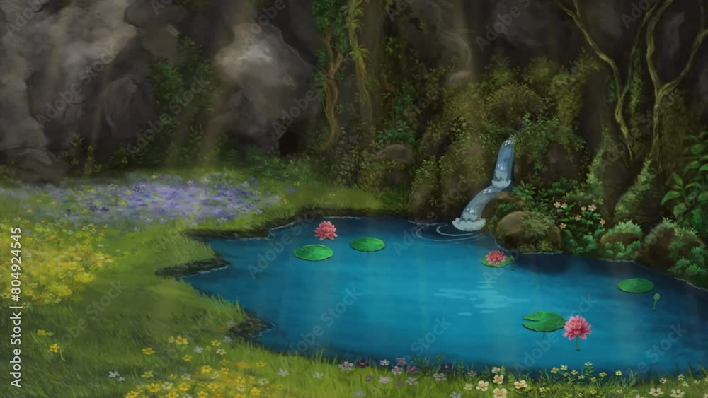 2D animation of Beautiful pond and flowing water in nature in high ...
