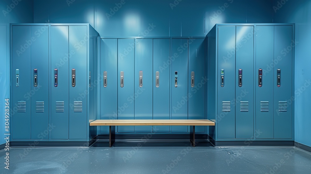 Blue metal storage lockers with an accompanying wooden bench are ...