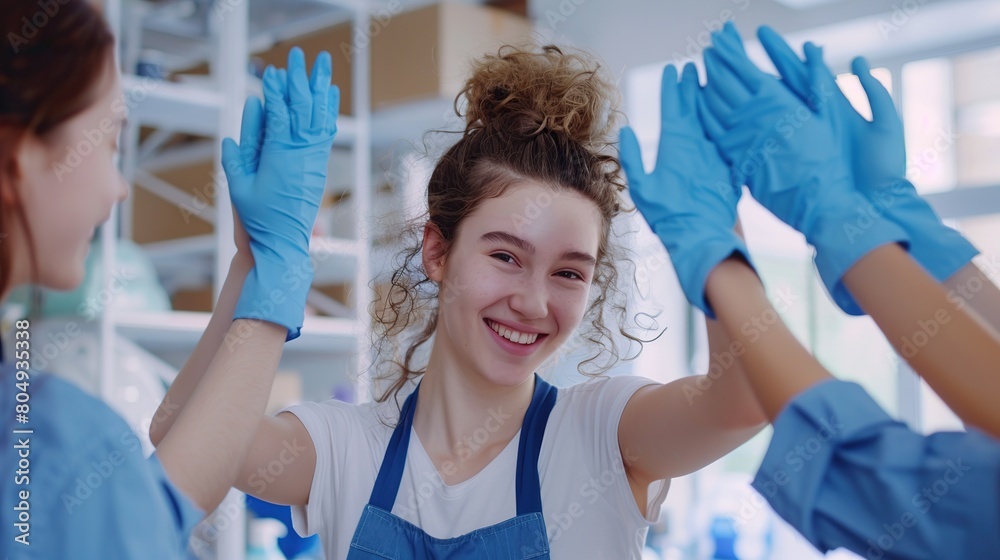 Team of service cleaning staff, home and office cleaners, giving high five with smile. Unity and ...