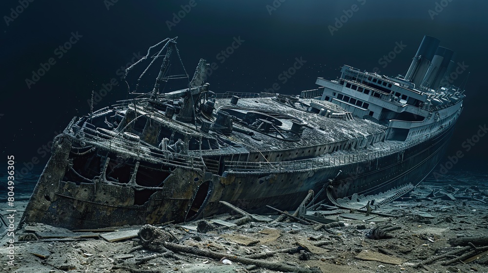 Titanic shipwreck lying silently on the ocean floor. The image ...