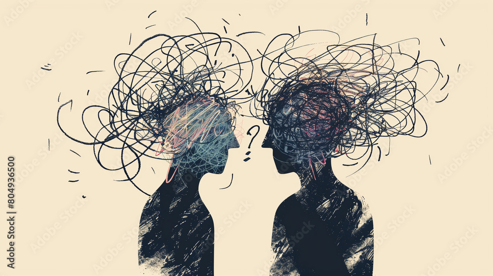 A simple line drawing depicting two people engaged in conversation. One ...