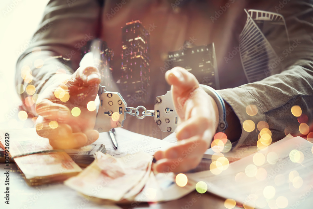 Double exposure of male hands locked in handcuffs city landscape ...