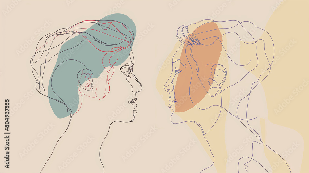 A simple line drawing depicting two people engaged in conversation. One ...