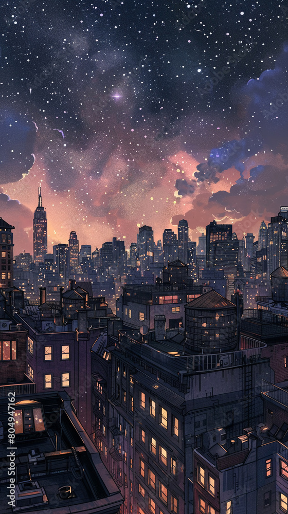 Panoramic rooftop view over a bustling city at night, capturing the ...