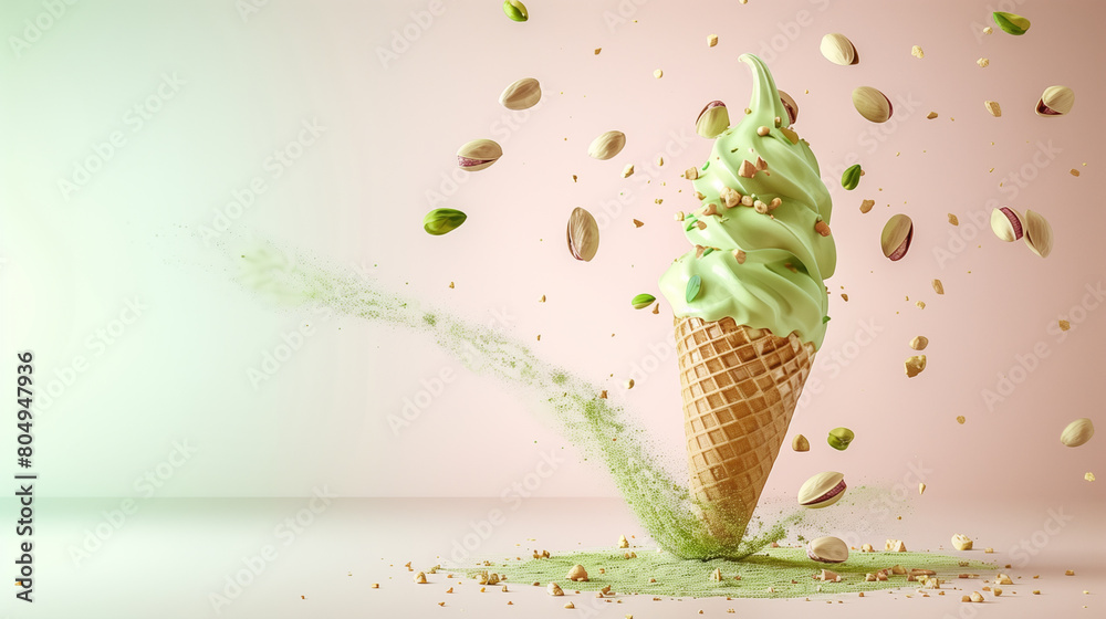 Pistachios ice cream cone isolated on pastel color background ...