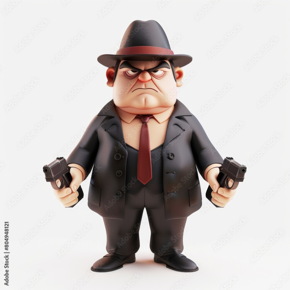 A statuesque man in a suit and tie brandishes two guns in a powerful ...