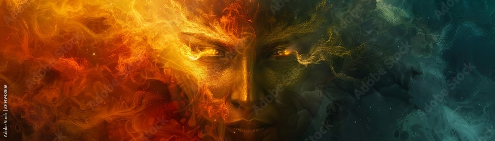 Digital artwork depicting a human face split into angel and devil ...