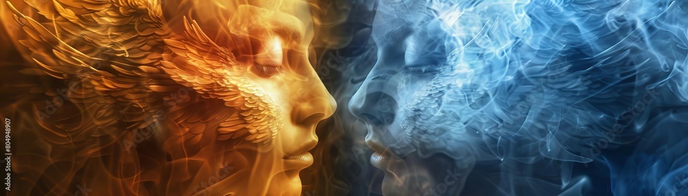 Digital artwork depicting a human face split into angel and devil ...