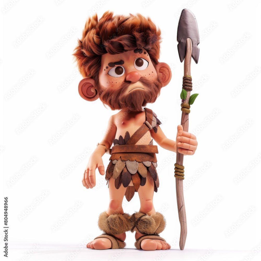 Cartoon character, resembling a caveman, holds a spear and a stick in a ...