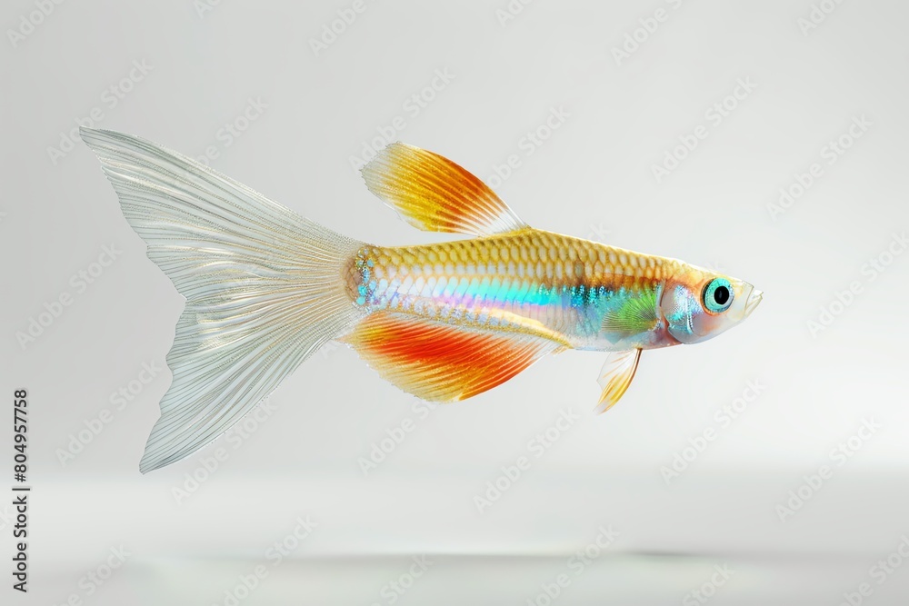 Guppy, 3D visual, bright white environment, multicolored fins, lively ...