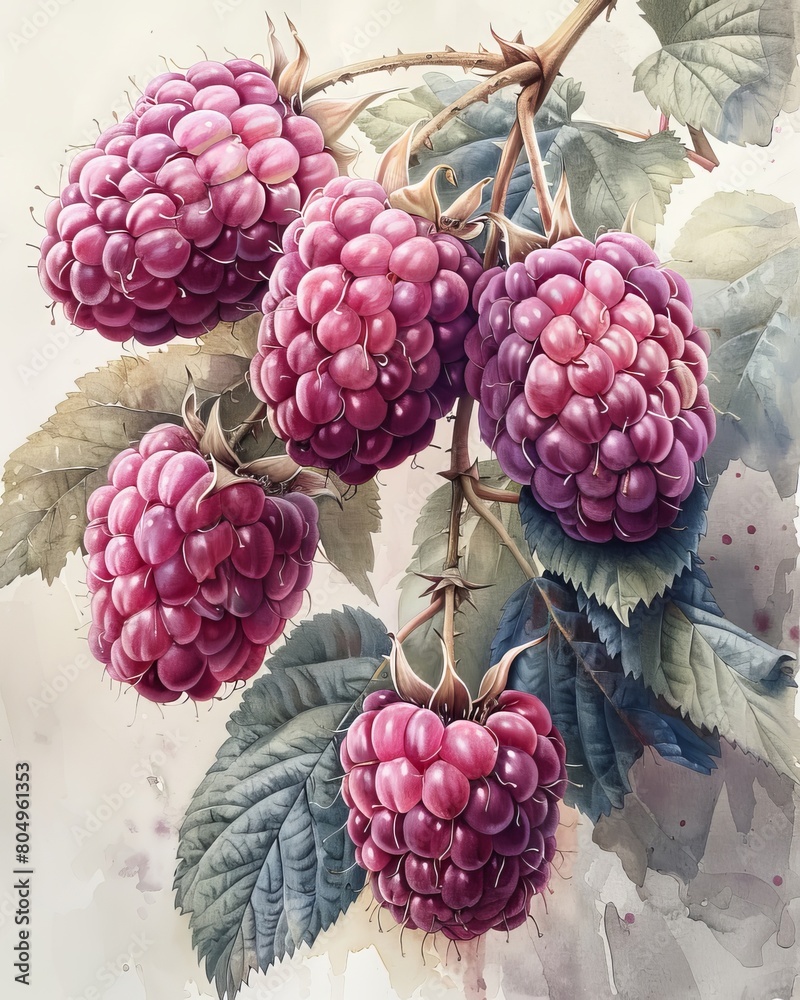 A watercolor painting of a cluster of ripe raspberries. The raspberries ...