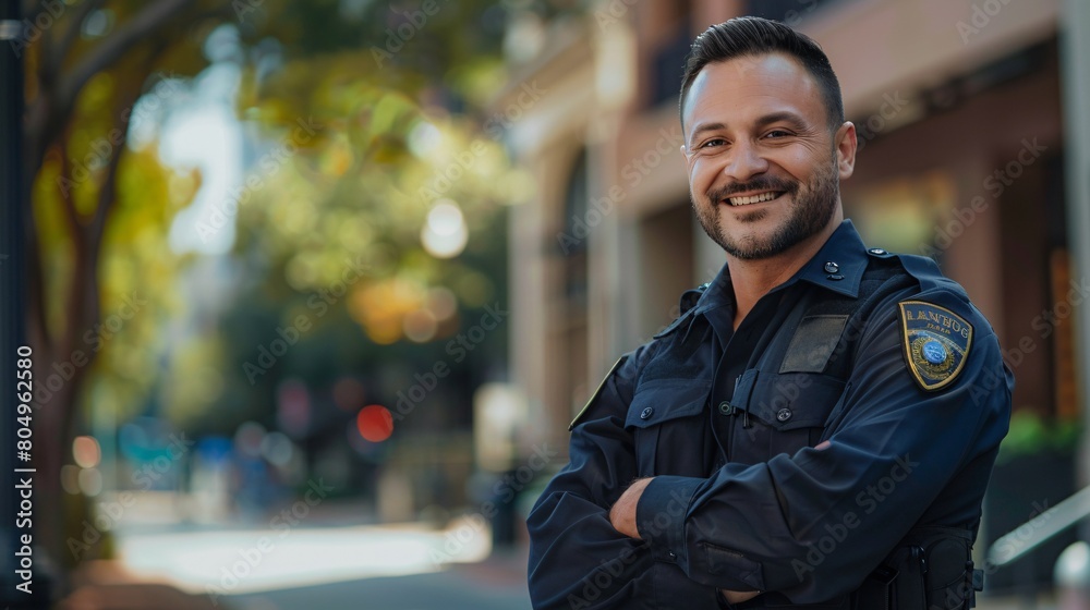 Contented male model and protector with folded arms in urban setting ...