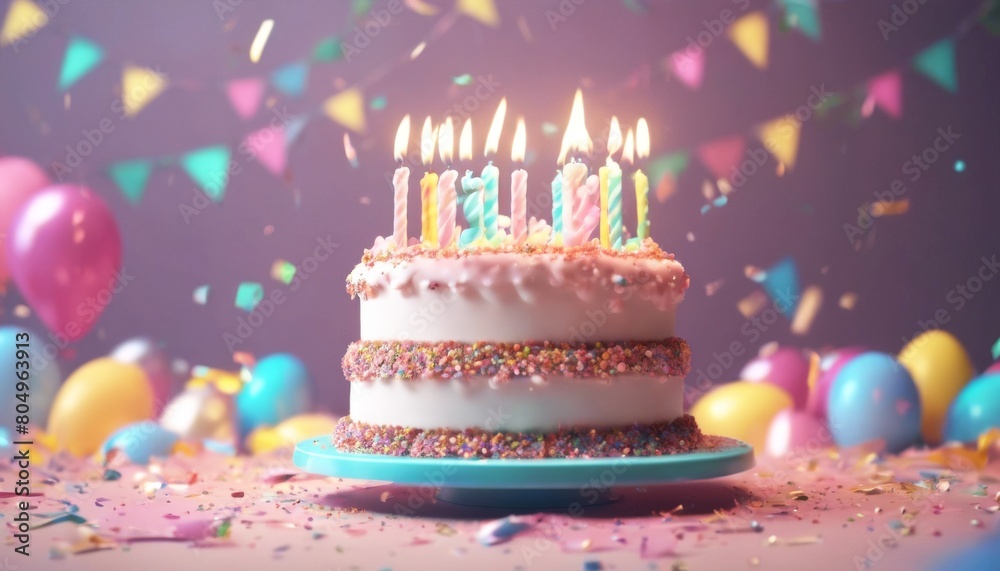 '3D dark theme concept birthday candle confetti cake pastel party ...
