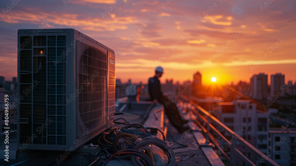 Silhouetted HVAC technician maintaining rooftop air conditioning unit ...