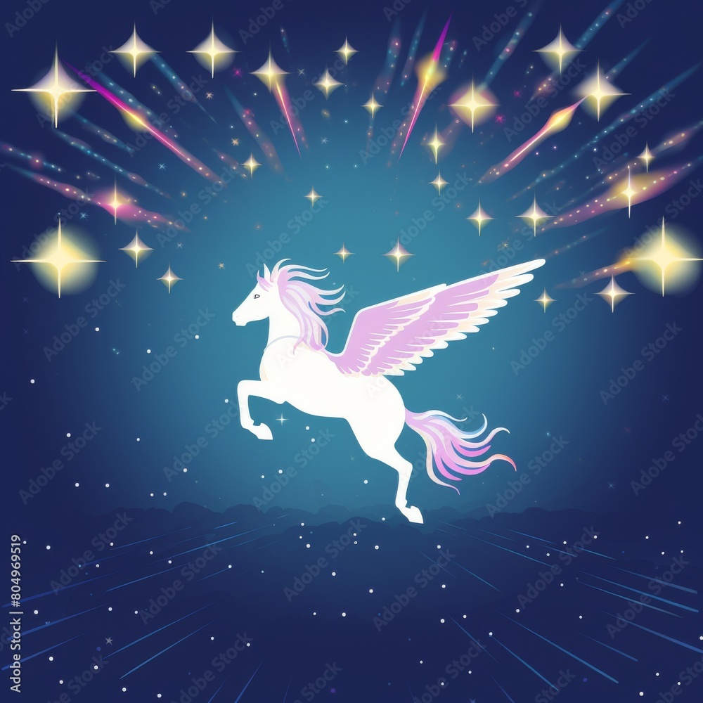 Illustrate a majestic unicorn soaring through the night sky, its horn ...