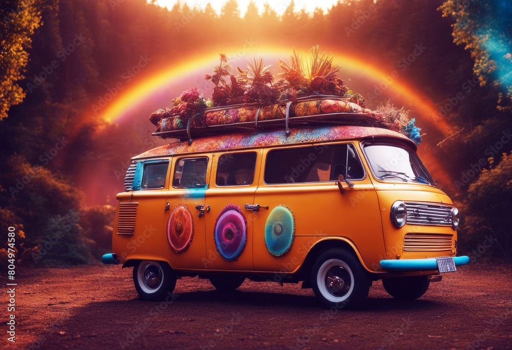'car hippie van bright mini background concept rays poster adventure ...