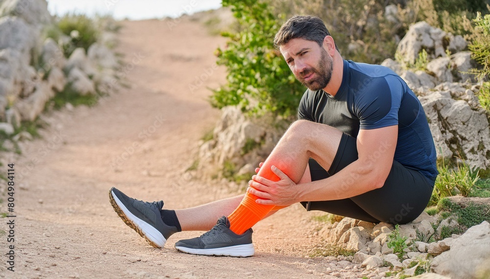 Runner injures calf muscle, sprains ligament outdoors on dirt path ...