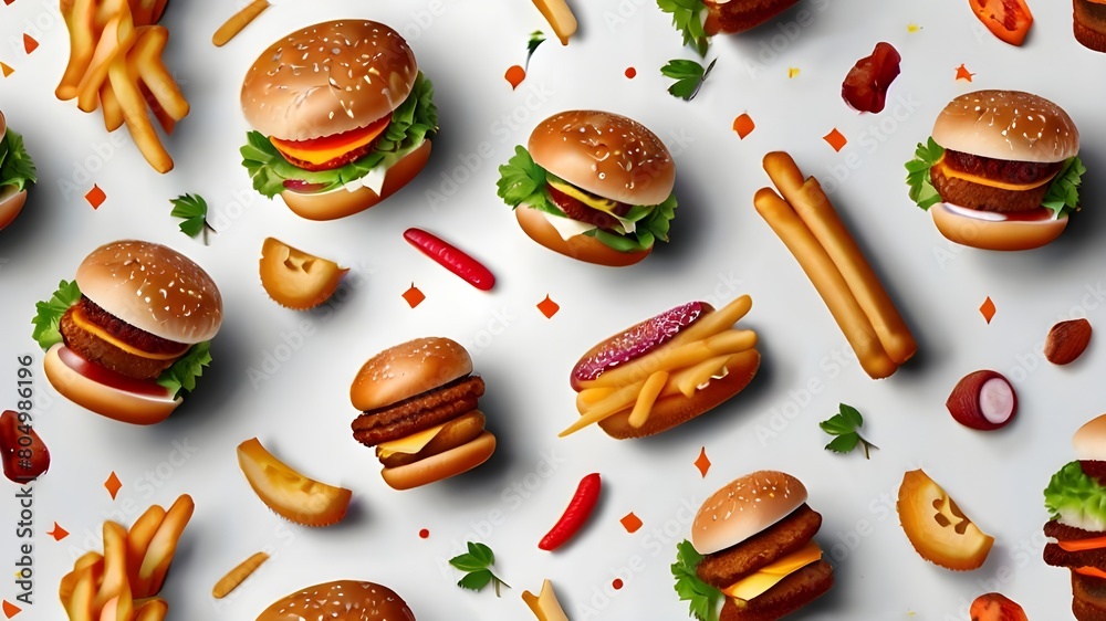 flying fast food dishes isolated on white abstract background. floating ...