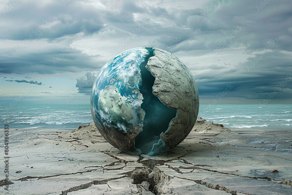 An artistic dramatic representation of Earth splitting emphasizing the ...