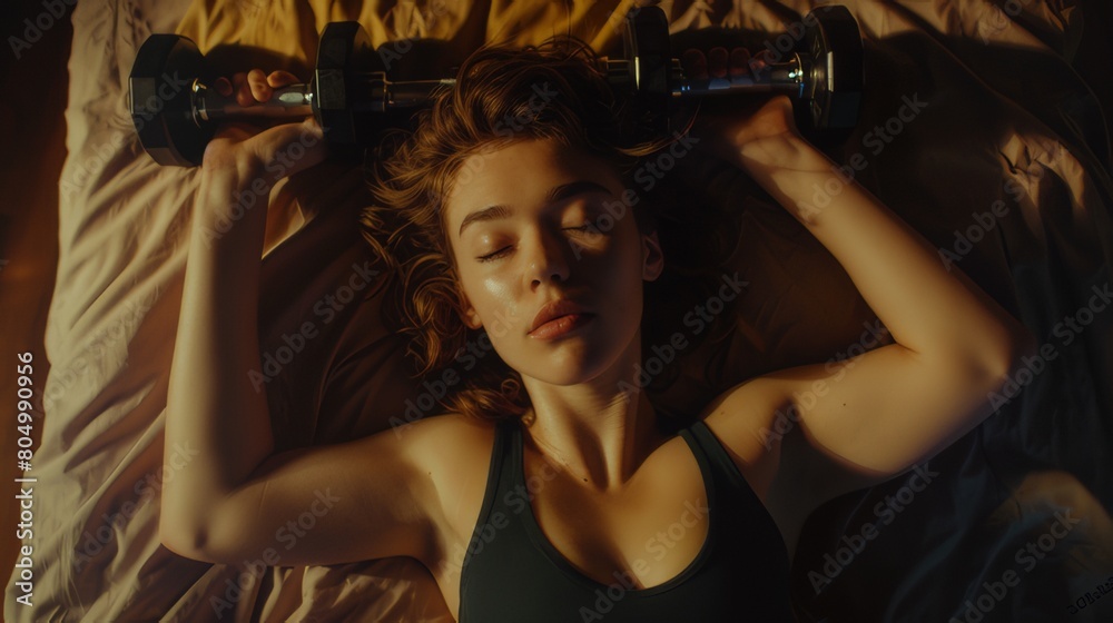 User A cinematic still of a woman sleeping in bed with dumbbells next ...