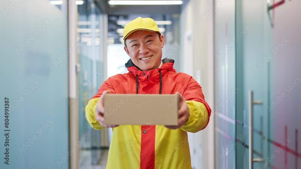 Vidéo Stock Portrait of young smiling delivery person making giving ...
