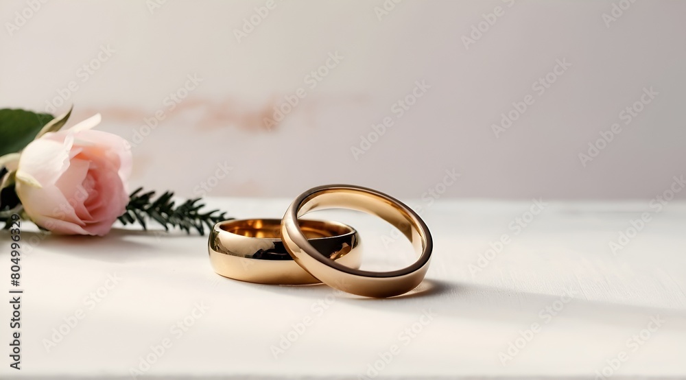 Gold wedding background with rings and soft light effects copy space ...