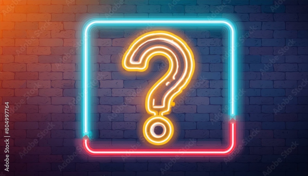 eye-catching neon sign featuring a question mark framed within a sleek ...