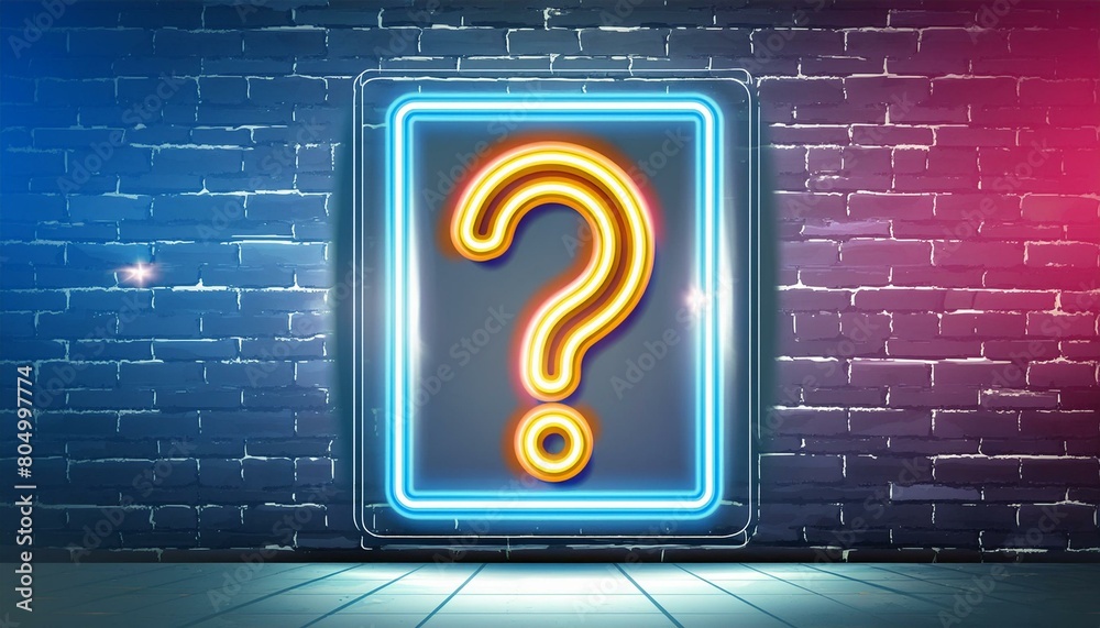 eye-catching neon sign featuring a question mark framed within a sleek ...