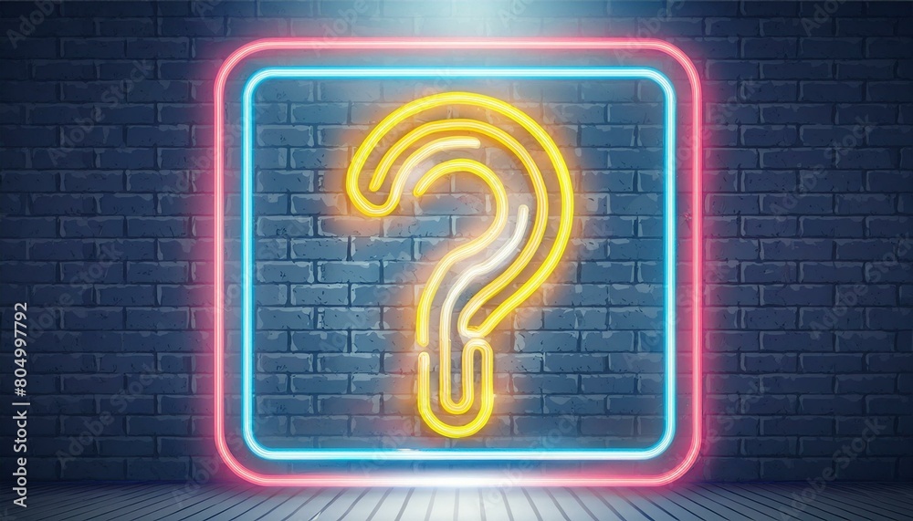 eye-catching neon sign featuring a question mark framed within a sleek ...
