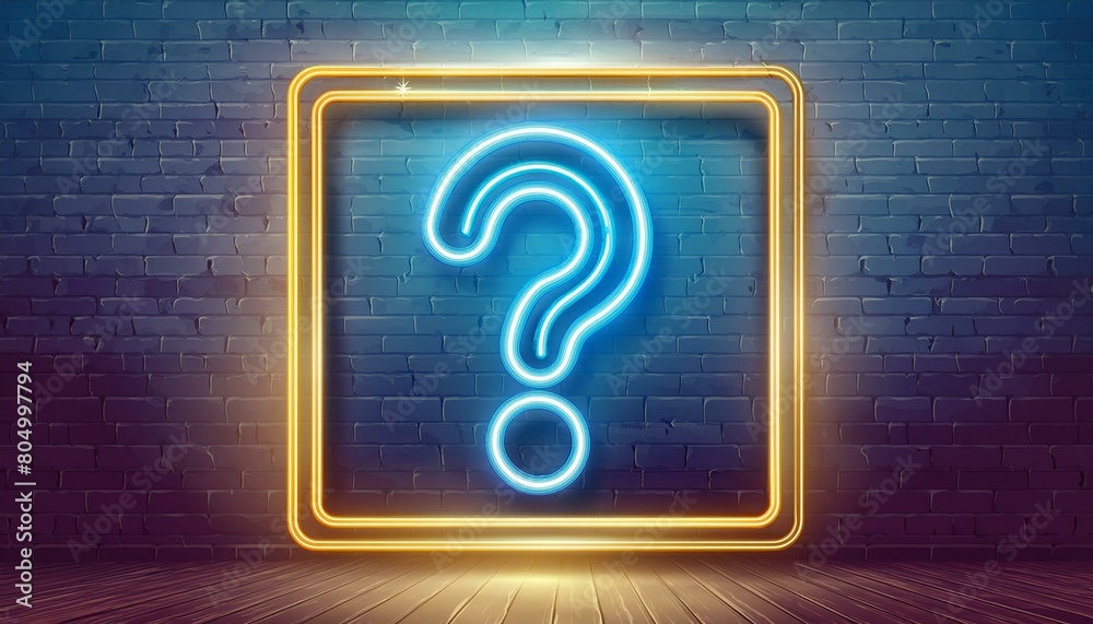 eye-catching neon sign featuring a question mark framed within a sleek ...