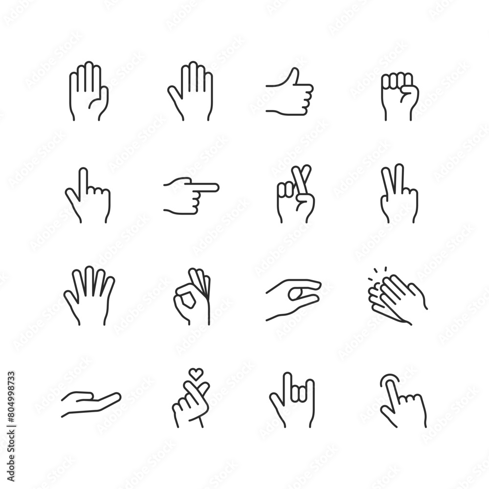 Hand Gestures Linear Style Icon Set Non Verbal Communication Using Hands And Fingers Diverse