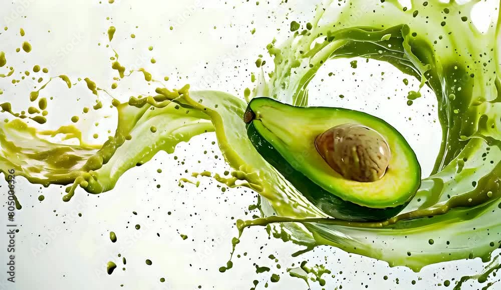 Fresh cut avocado Halves With Twisting Splash of Green Juice Captured ...