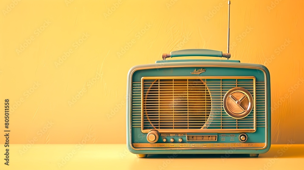 Vintage teal radio on a soft yellow background. Nostalgic feel, perfect ...