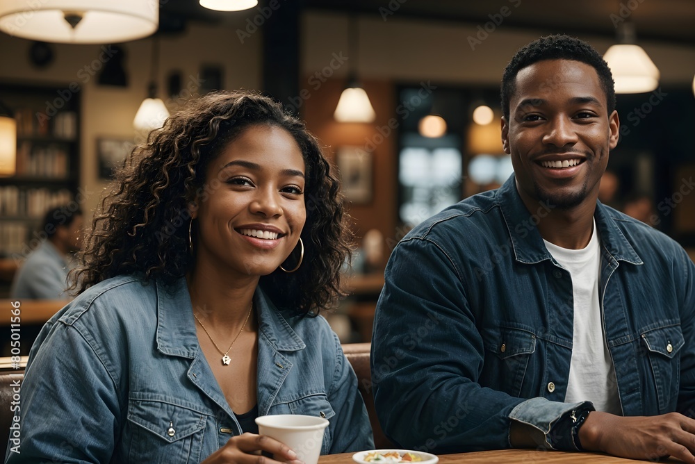 Young, happy African American plus-size couple on a coffee shop date ...