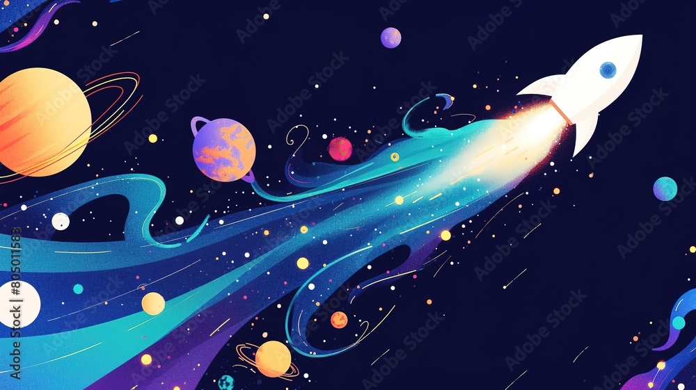 illustration of the moon and stars. Space illustration with rocket ...