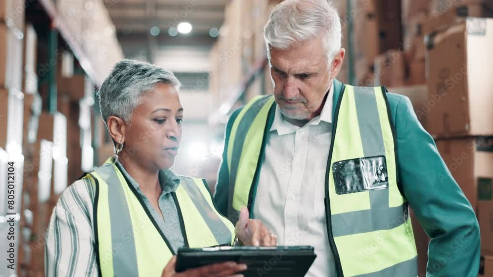 Shipping, manager and woman with tablet in logistics warehouse, for ...