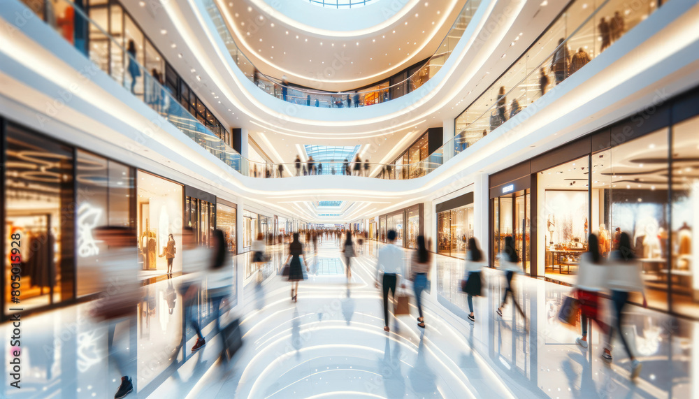 modern and bustling shopping mall interior with people blurred in ...