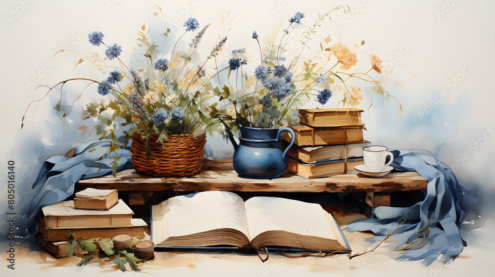 watercolor painting illustration of education, reading, knowledge ...