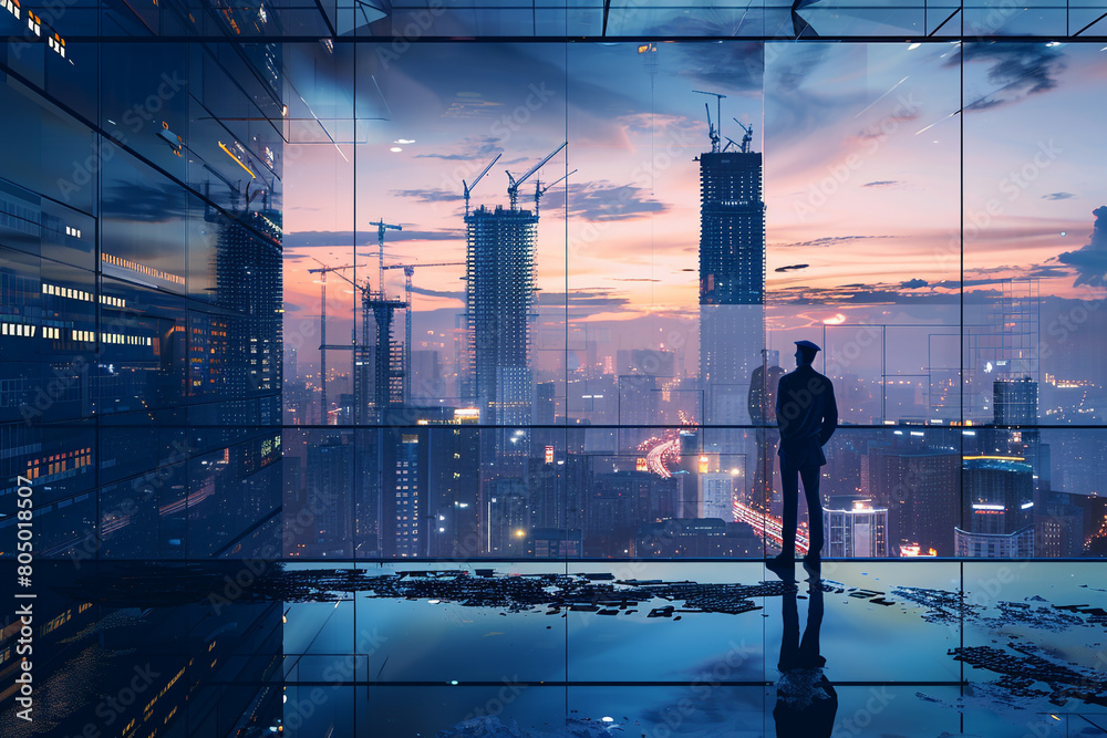 Civil engineers silhouette overseeing a futuristic city construction ...