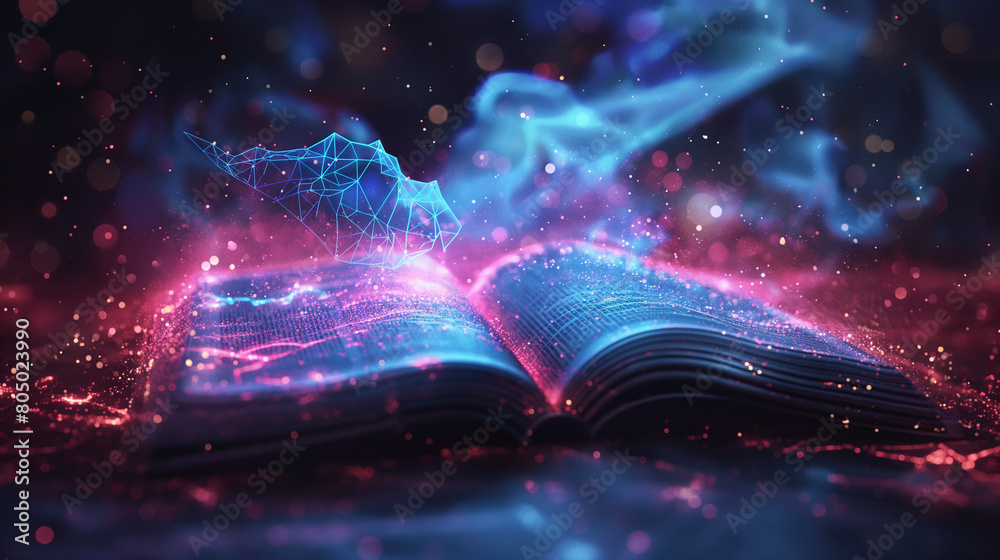 concept of digital literacy or e-learning, low poly book with ...