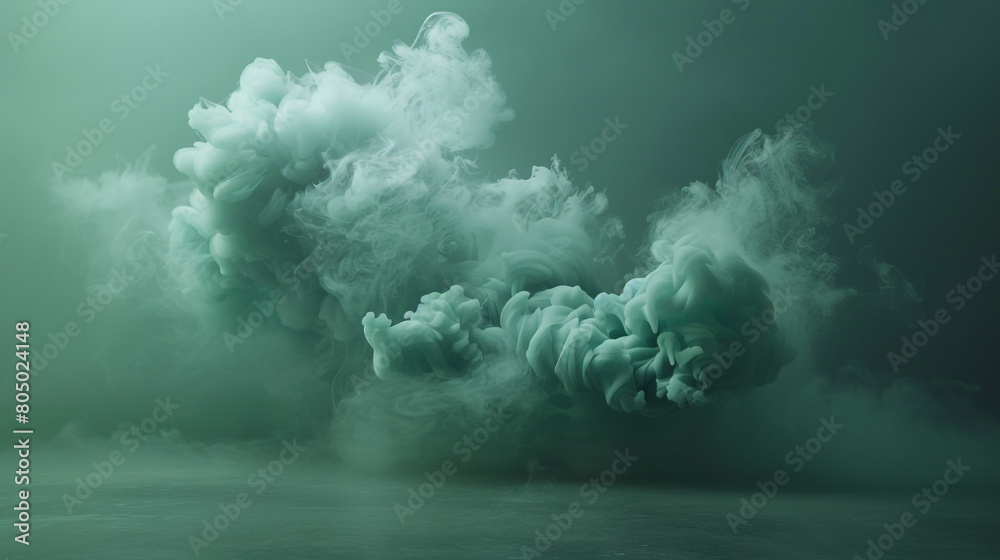Soft mint green smoke floats above a dark green background in a serene ...
