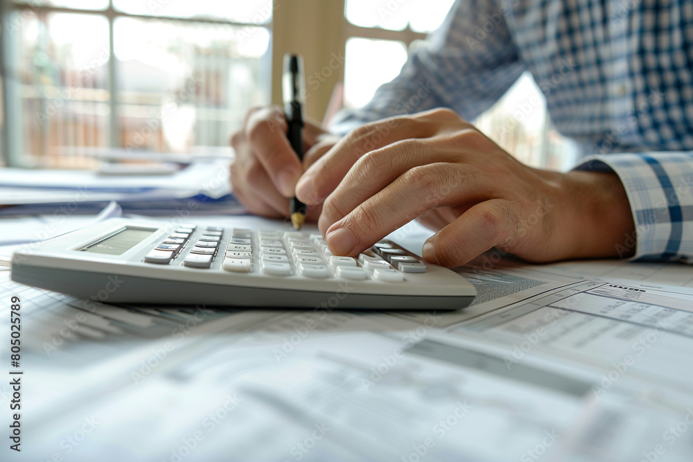 Close-up of a civil engineer calculating the carbon footprint of a new ...