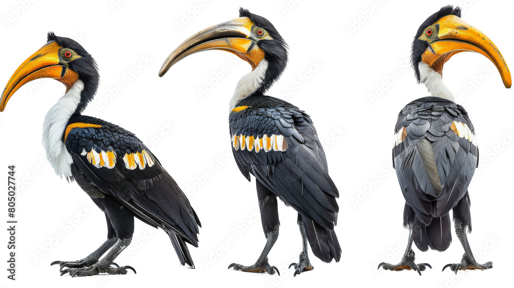 Four different views of a Great Hornbill bird showcasing its distinct ...