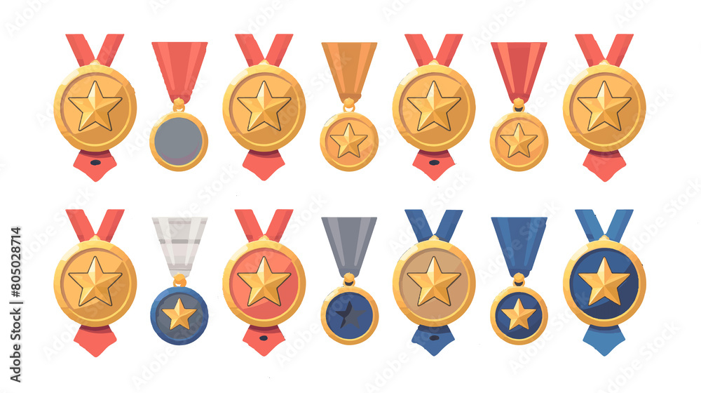 Various gold, silver, and bronze medals in a set of flat icons ...