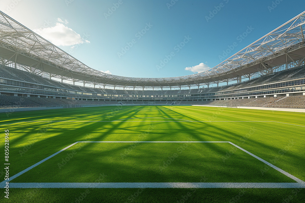 Empty soccer stadium with a lush green field ready for a match or ...