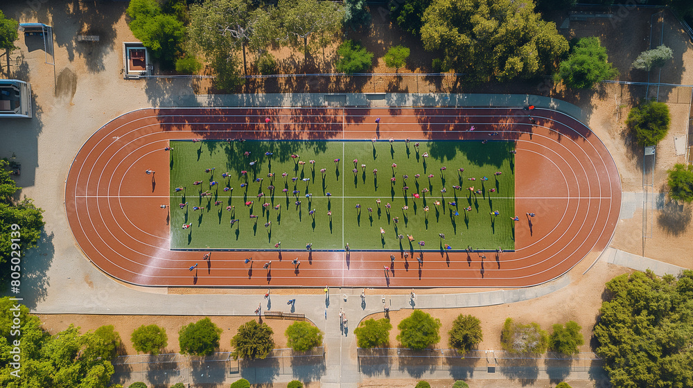 Aerial top perspective view of athletes running, jumping, and throwing ...