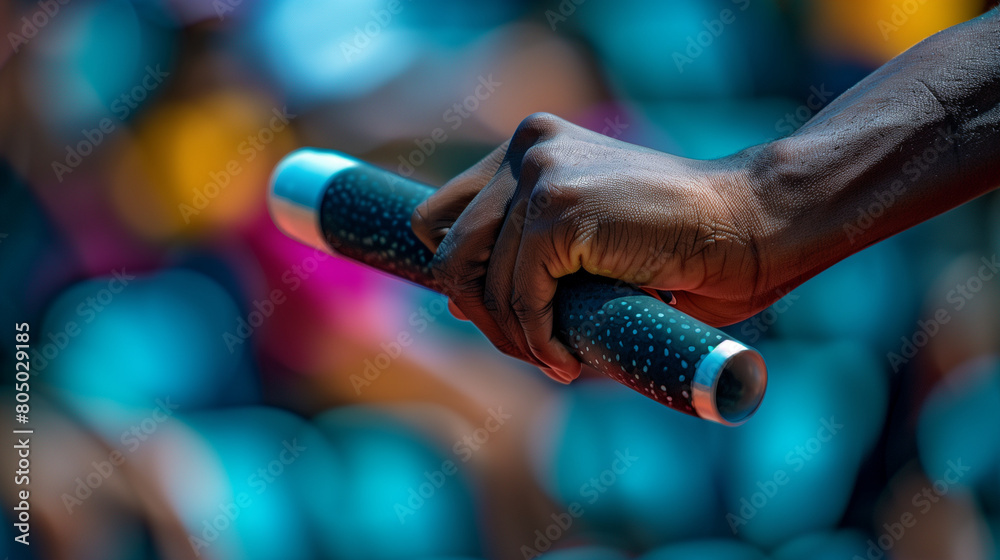 Close up of black man hand pass the relay baton. Athlete hand on ...