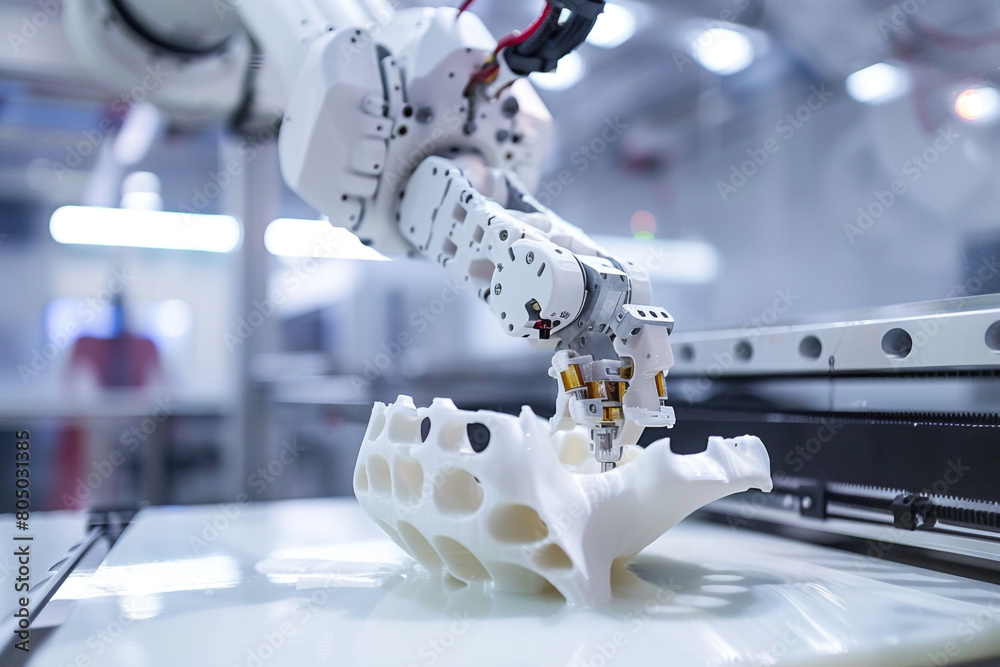 Close-up of a robotic arm removing a finished 3D printed part ...